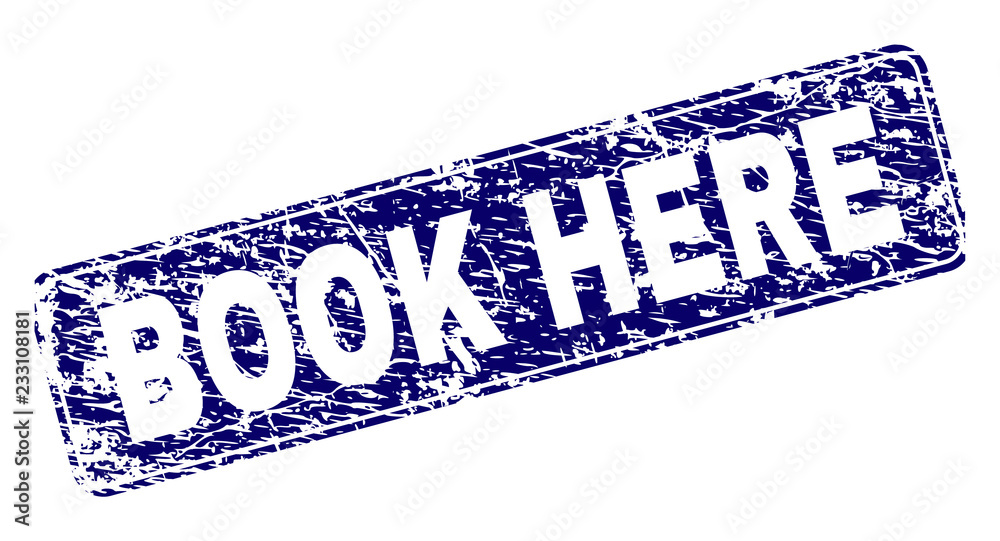 BOOK HERE stamp seal print with distress style. Seal shape is a rounded ...