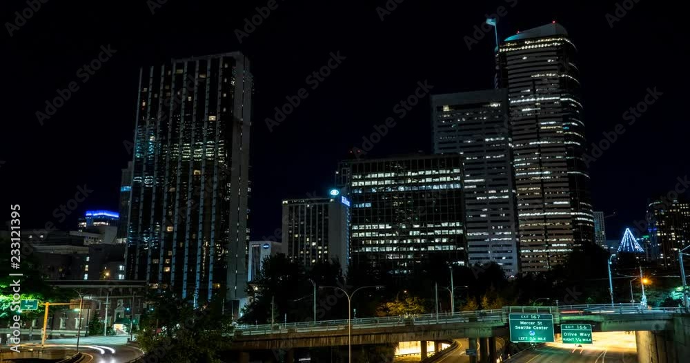 Hyperlapse of buildings in downtown Seattle at night from Madison ...