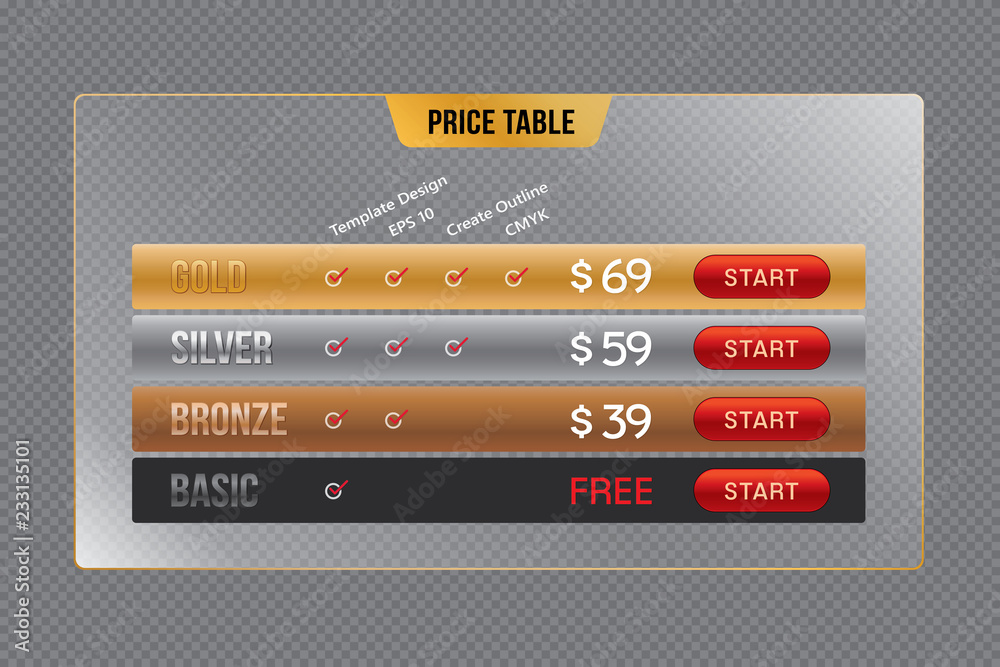 Vector of pricing table design template transparent background for ...
