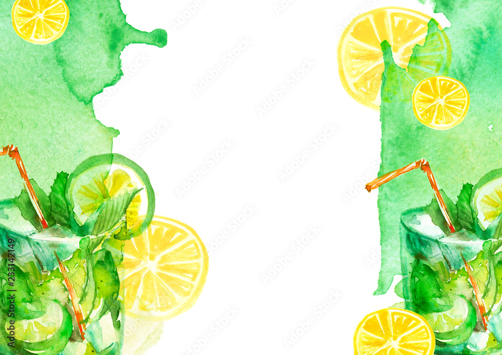 Watercolor drawing - cocktail of fruits, circe, lemon slice, lime, mint ...