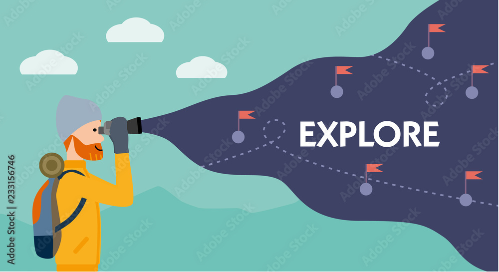 Hiker looking through binoculars. Banner. Explore. Flat cartoon ...