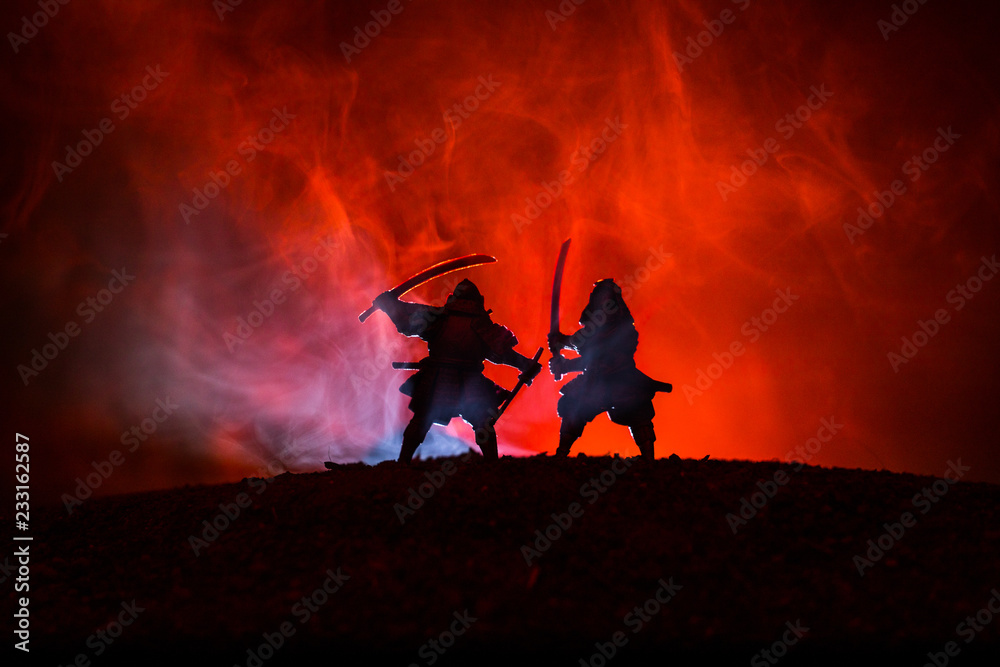 Silhouette of two samurais in duel. Picture with two samurais and ...