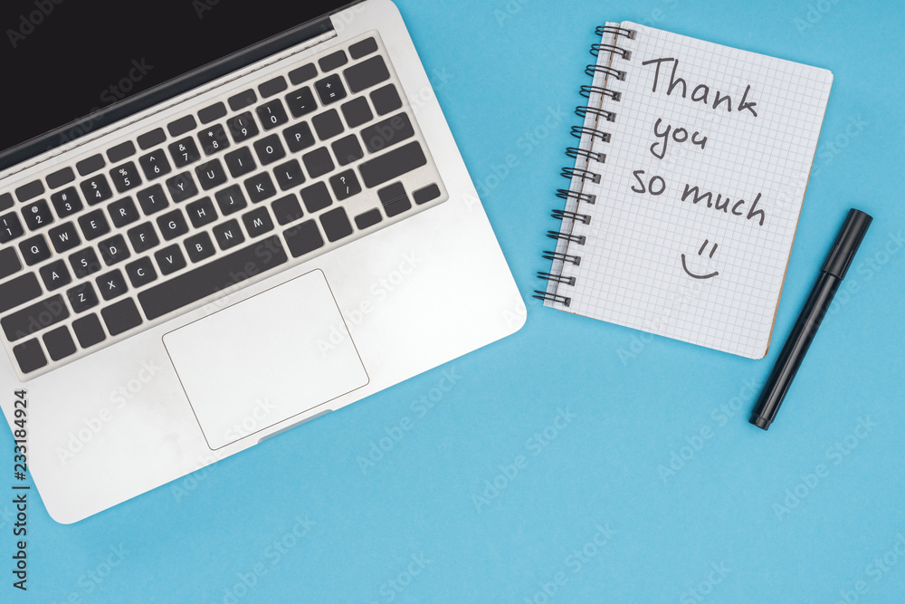 laptop, pen and notebook with thank you so much lettering isolated on ...