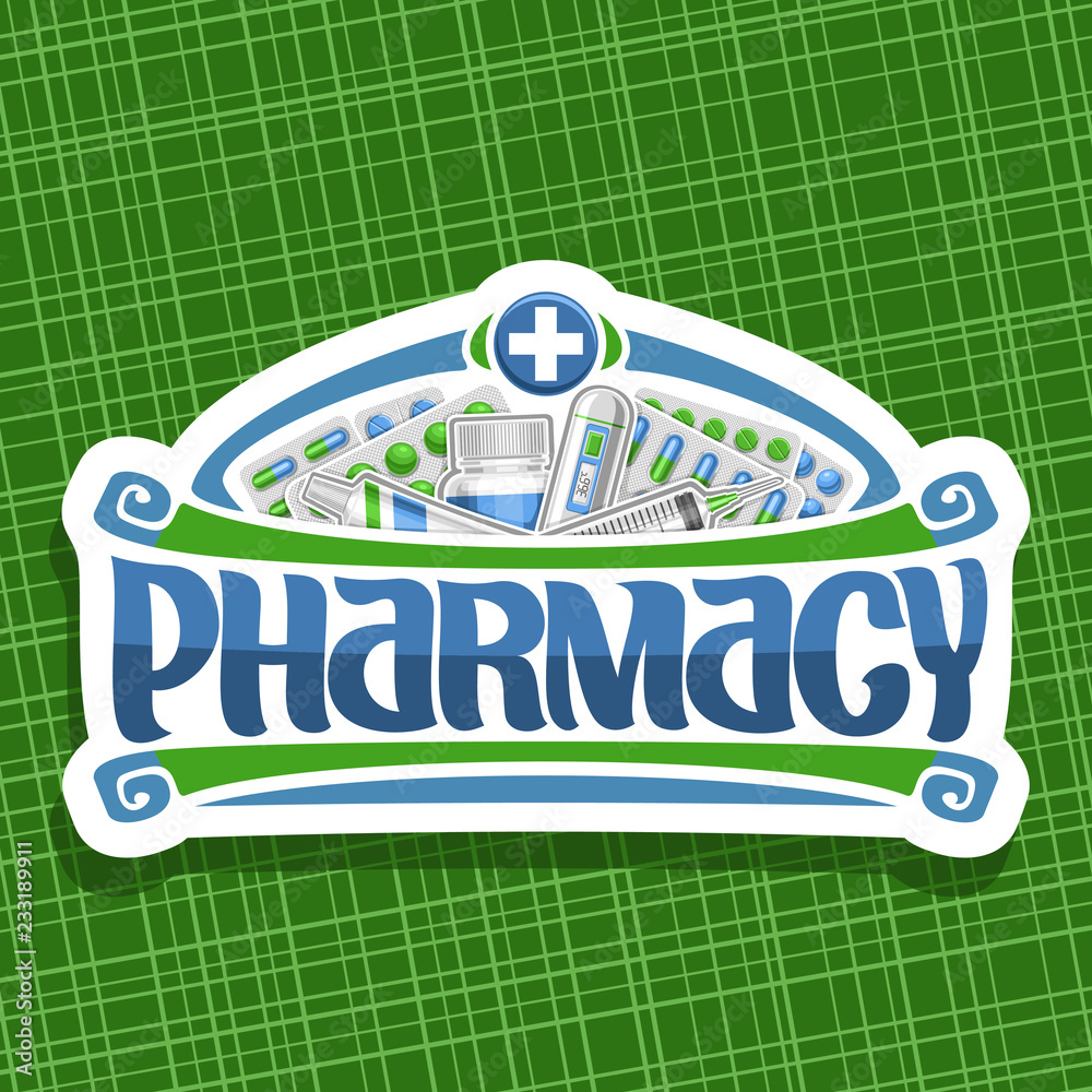 Vector logo for Pharmacy, cut paper sign with blue container, digital ...