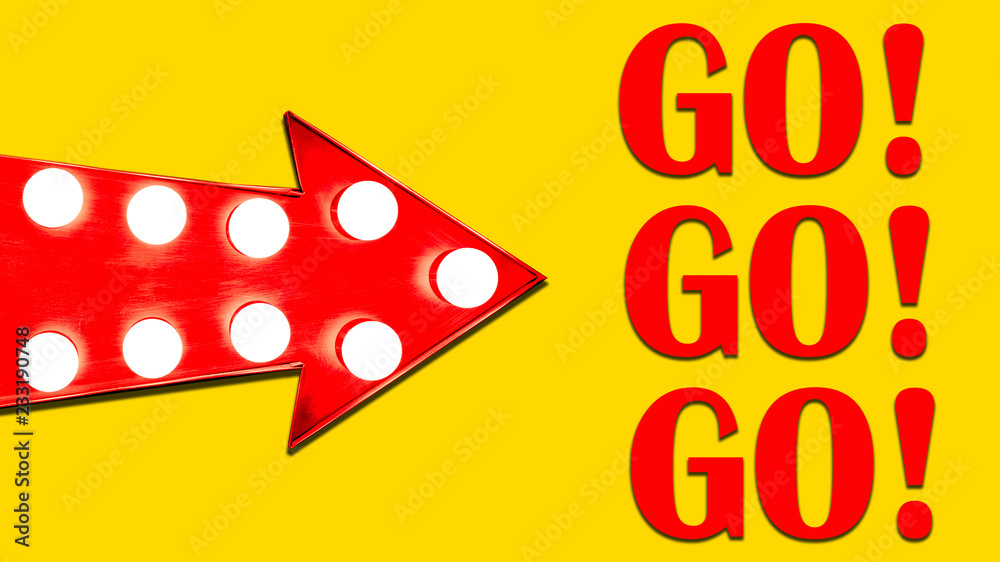 Red arrow shaped vintage colorful illuminated metallic display ...