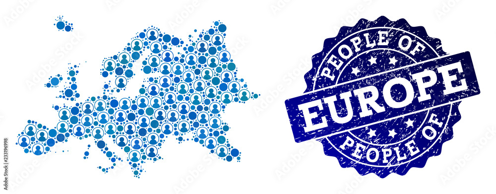 People collage of blue population map of Europe and textured seal ...