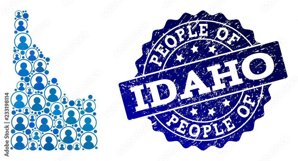 People composition of blue population map of Idaho State and textured ...