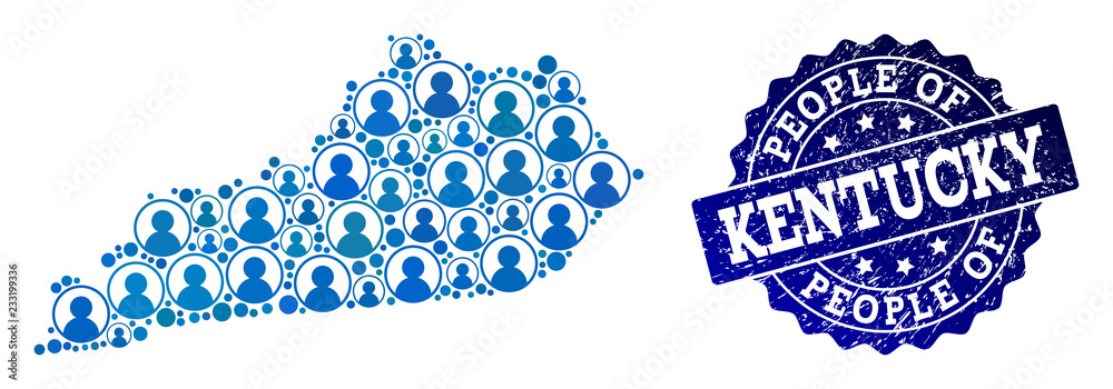 People collage of blue population map of Kentucky State and rubber seal ...