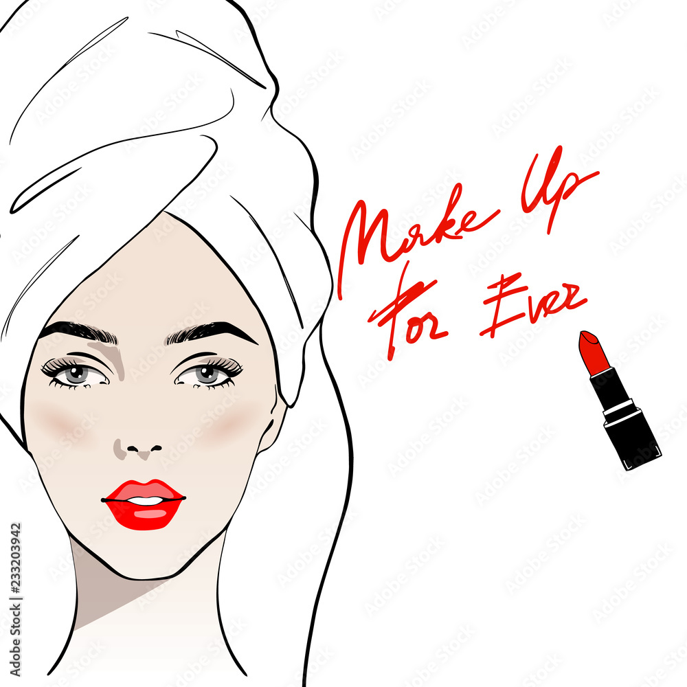 Beautiful young woman face with towel. Hand drawn beautiful woman ...