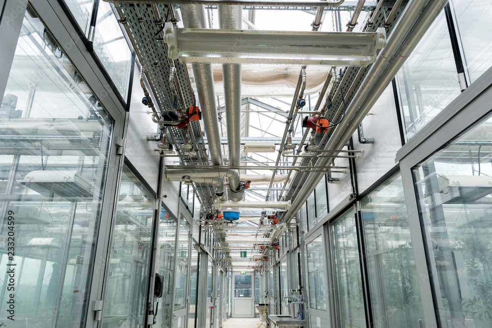 Versorgungstechnik im Gewächshaus mit Gewächshauskabinen zur Anucht von ...