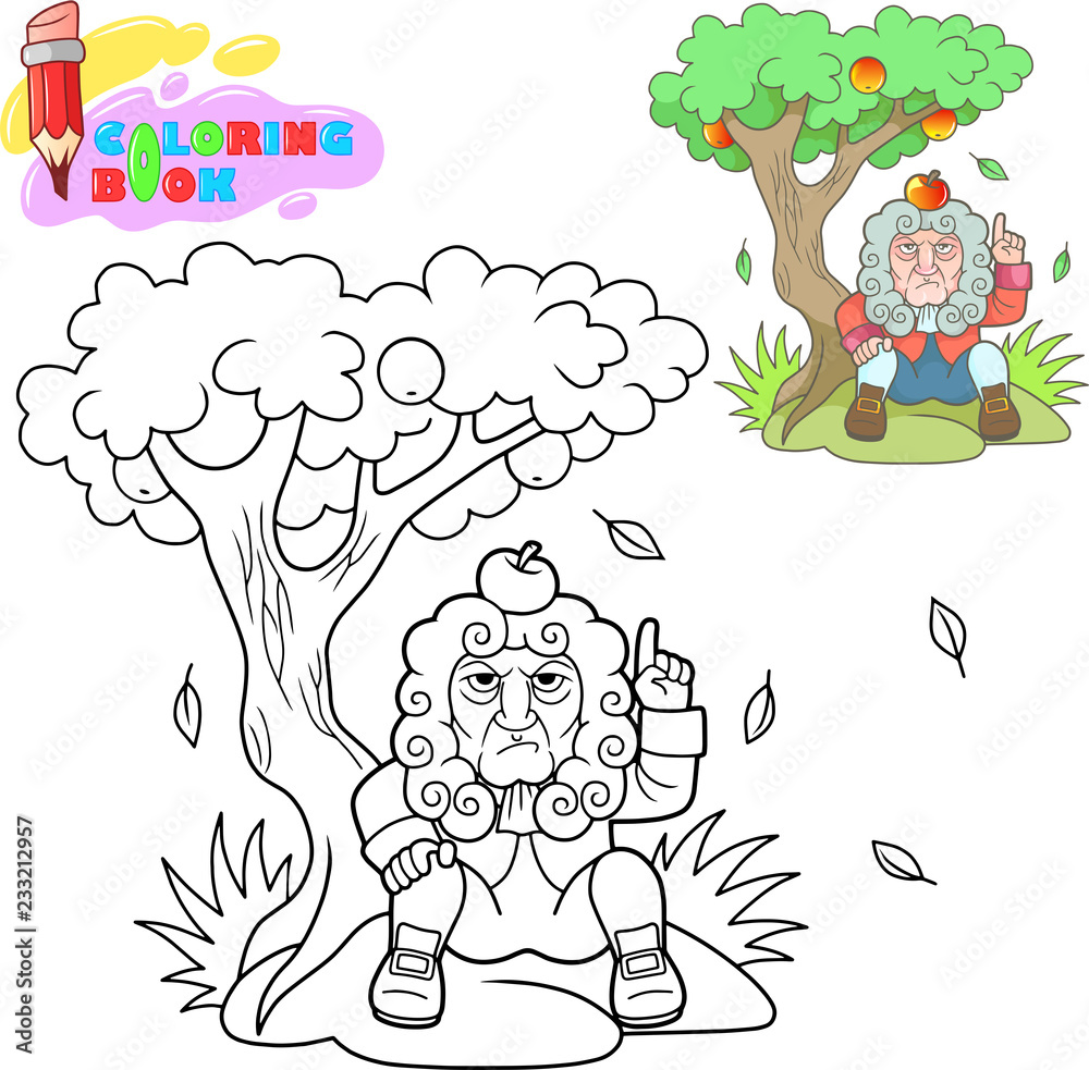 coloring book, cartoon newton sitting under a tree with an apple on his ...