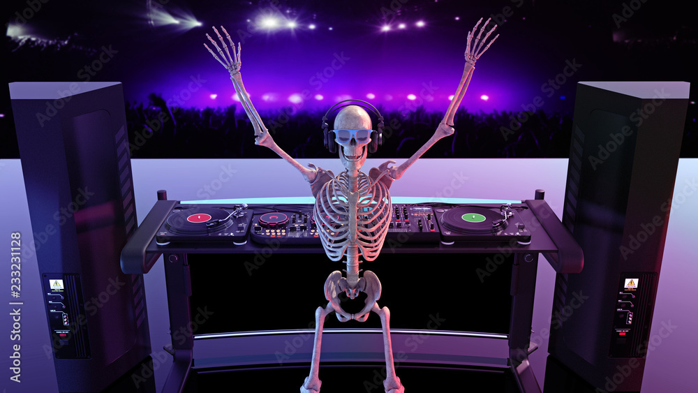 DJ Bones, human skeleton playing music on turntables, skeleton on stage ...