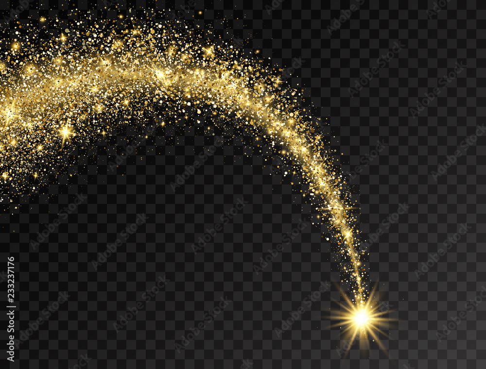 Magic shining gold star with dust tail. Star dust trail with glitter sparkling particles on ...