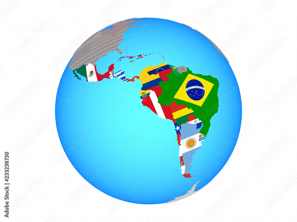Latin America with national flags on blue political globe. 3D ...