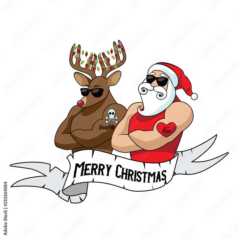 Cartoon Santa Claus and reindeer muscle man with naughty and nice ...