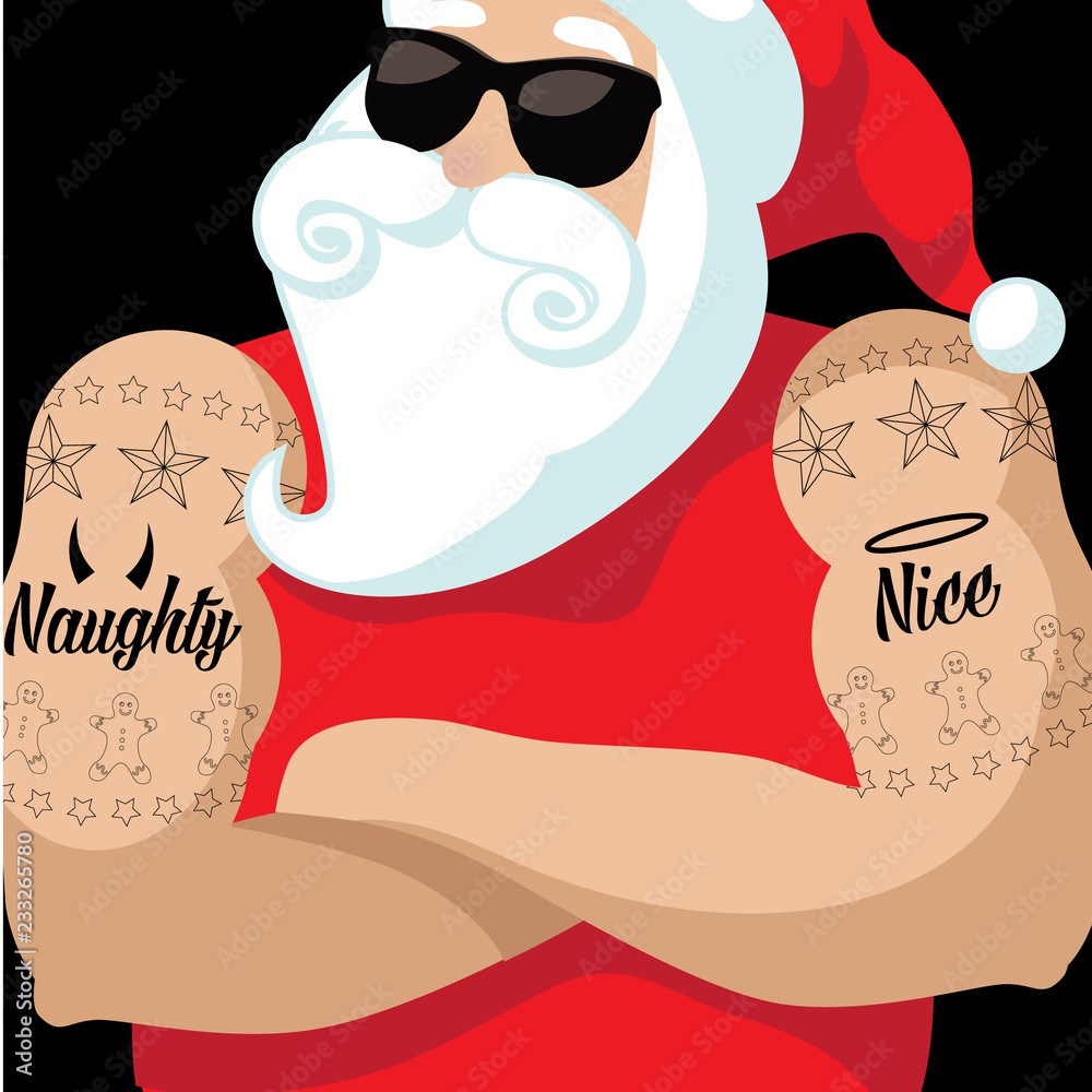 Cartoon Santa Claus muscle man with naughty and nice tattoos and ribbon ...