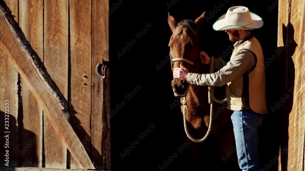Cowboy Ranch hand with horse on Dude Ranch in Corral USA Stock ビデオ ...