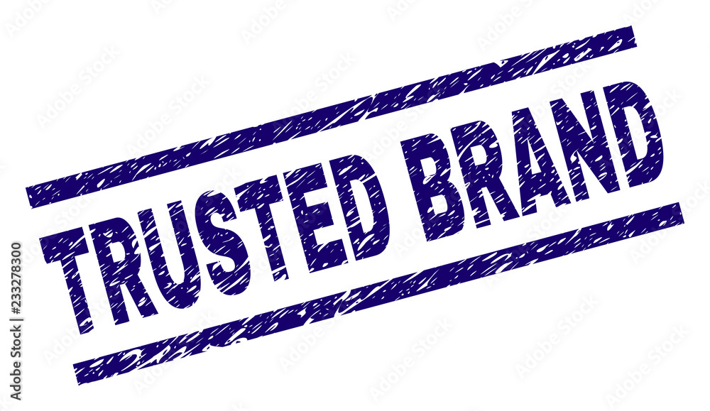 TRUSTED BRAND seal print with scratced style. Blue vector rubber print ...