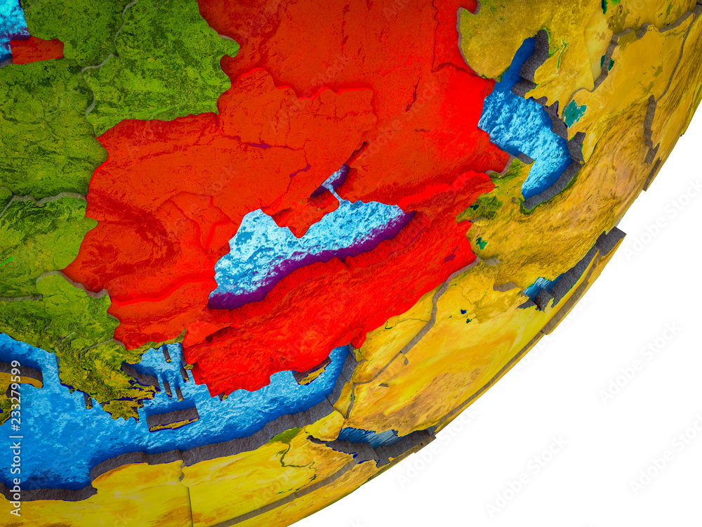 Black Sea Region on 3D model of Earth with water and divided countries ...