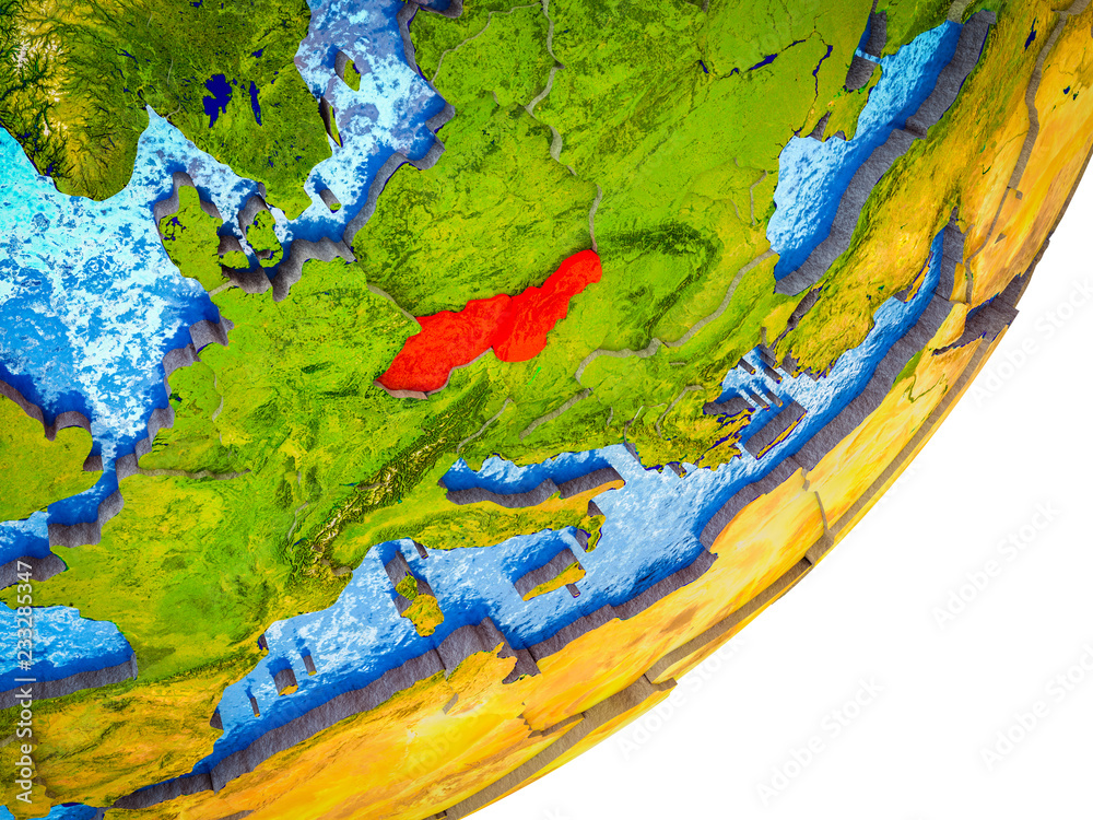Former Czechoslovakia on 3D model of Earth with water and divided ...