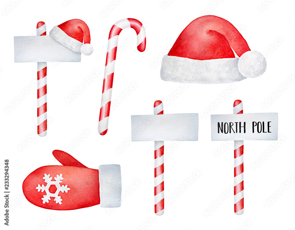 Collection of Santa Claus signpost and holiday elements. Hand drawn ...