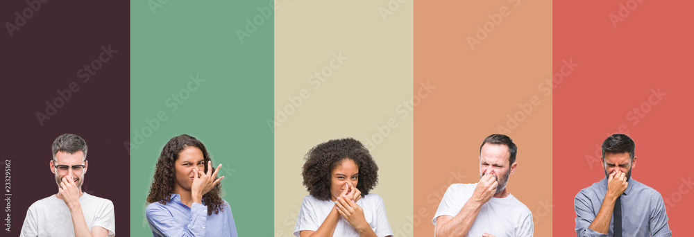 Collage of group of young and senior people over colorful isolated ...