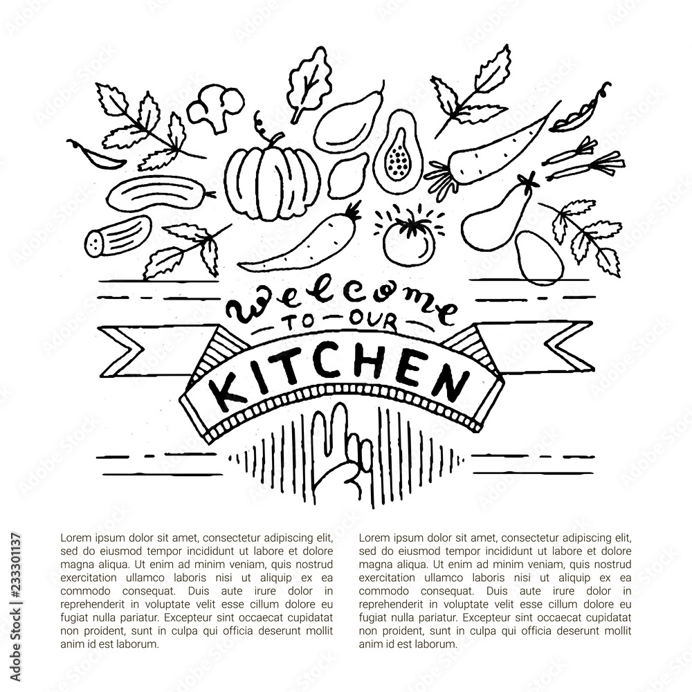 Welcome to our kitchen design concept. Hand lettering phrase. Stock ...