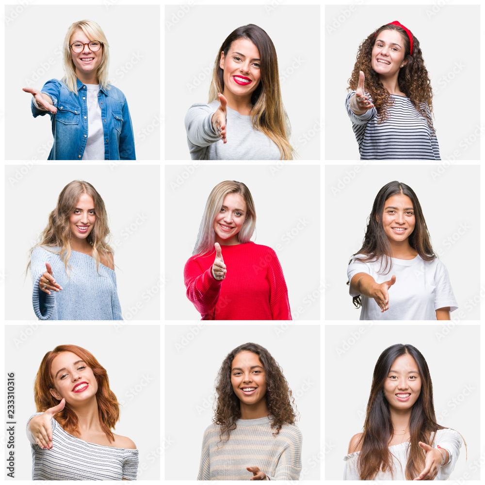 Collage of young beautiful women over isolated background smiling ...