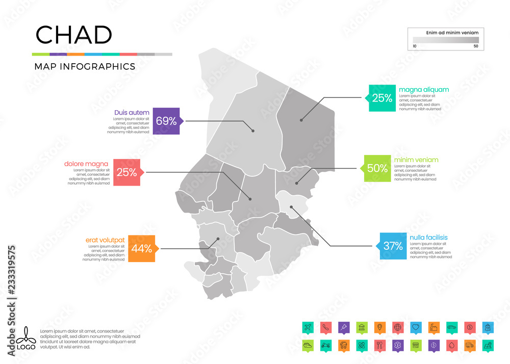 Chad map infographics with editable separated layers, zones, elements ...