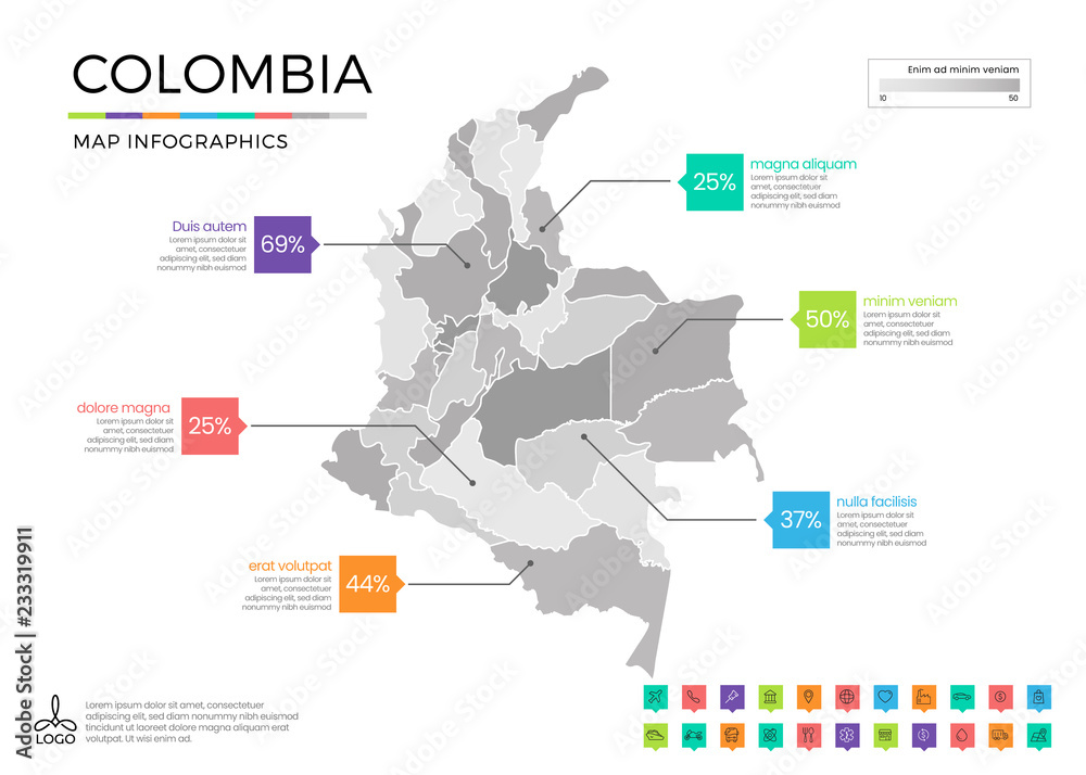 Colombia map infographics with editable separated layers, zones ...