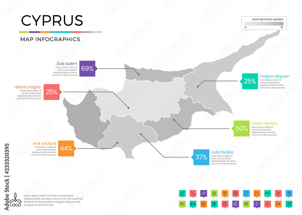 Cyprus map infographics with editable separated layers, zones, elements ...