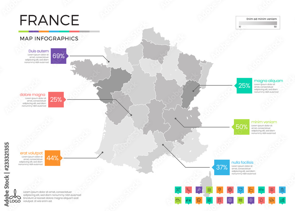 France map infographics with editable separated layers, zones, elements ...