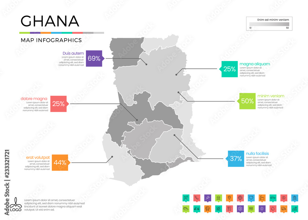 Ghana map infographics with editable separated layers, zones, elements ...
