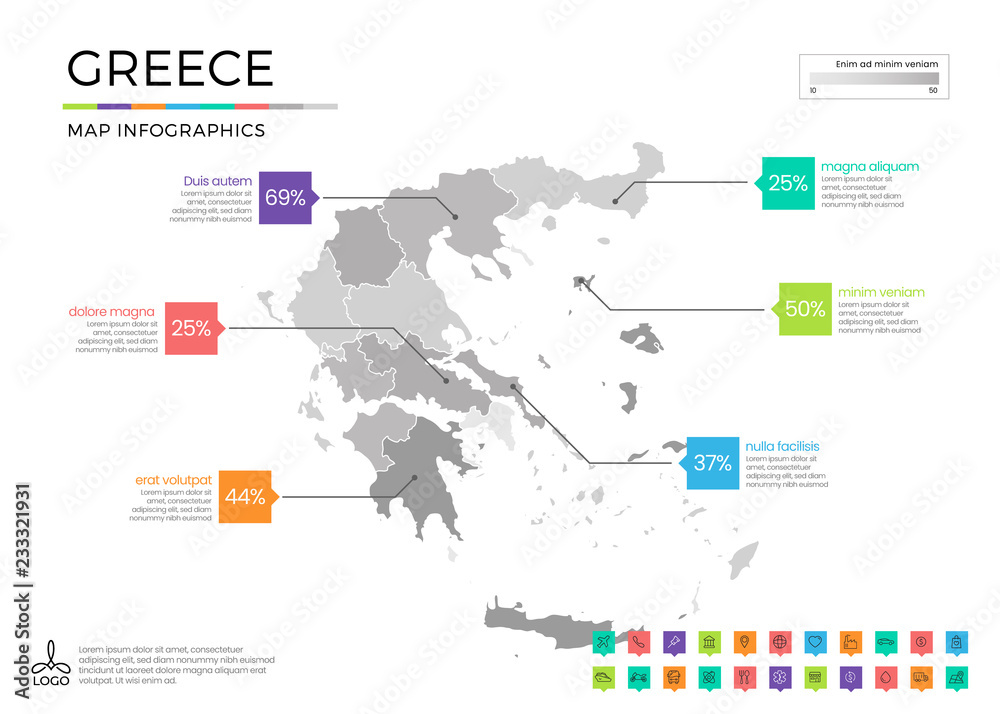 Greece map infographics with editable separated layers, zones, elements ...