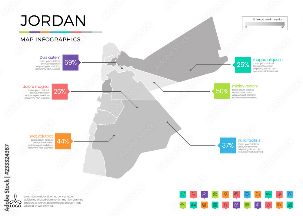 Jordan map infographics with editable separated layers, zones, elements ...
