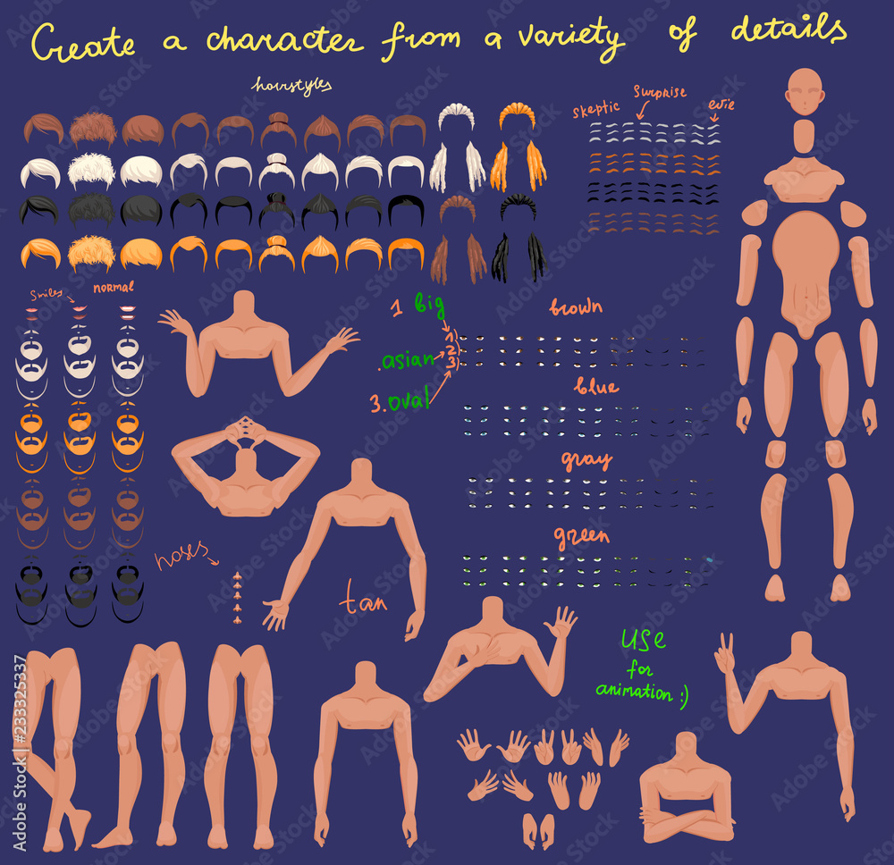 man characters set for animation. parts of body Stock Vector | Adobe Stock