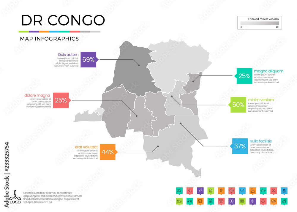 Democratic republic of congo map infographics with editable separated ...
