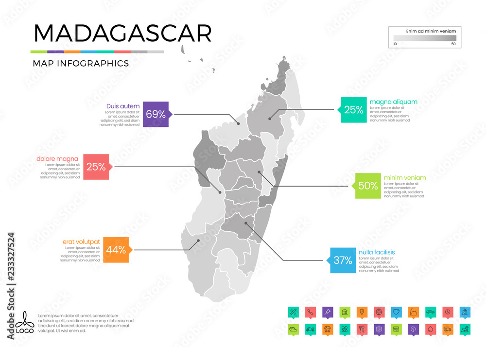 Madagascar map infographics with editable separated layers, zones ...