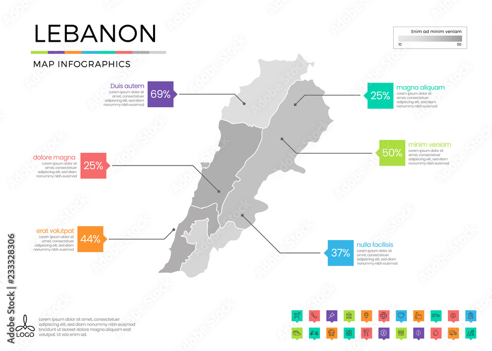 Lebanon map infographics with editable separated layers, zones ...