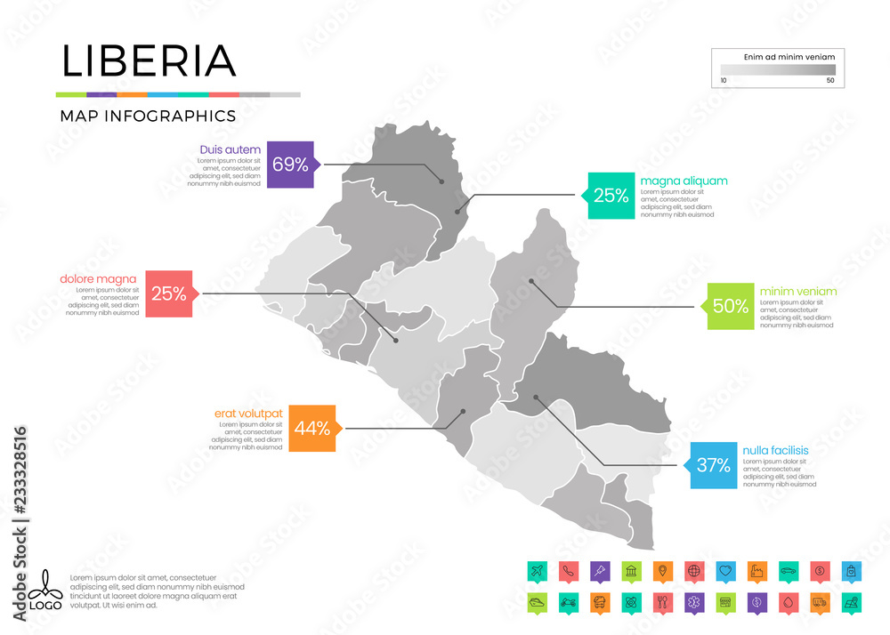 Liberia map infographics with editable separated layers, zones ...