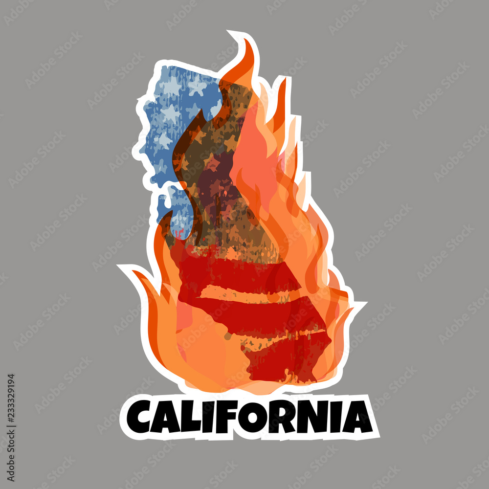 Sticker in support of the southern California after a wildfires. Map of ...
