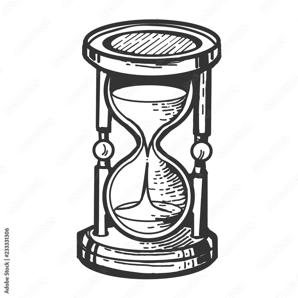 Sand watch glass engraving vector illustration. Scratch board style ...