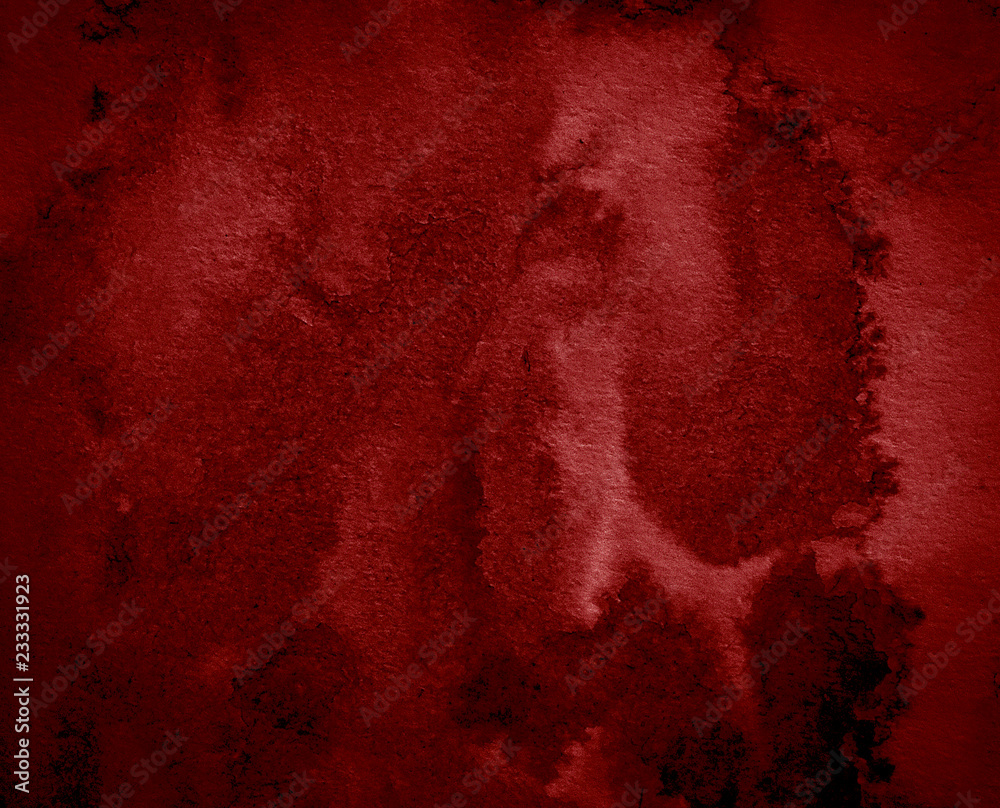 Dark red watercolor abstract background, stain, splash of paint, stain, divorce. Alarming, blood ...