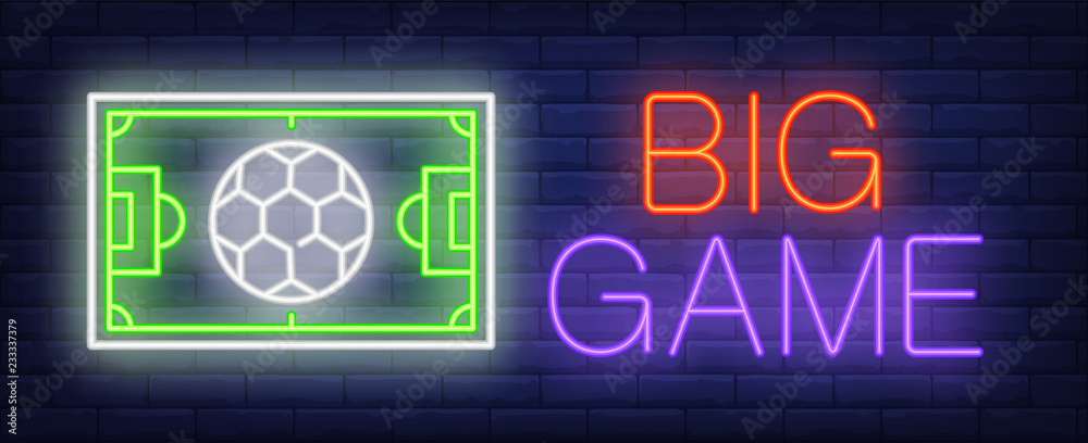 Big game neon text with football field and ball. Sports pub and ...