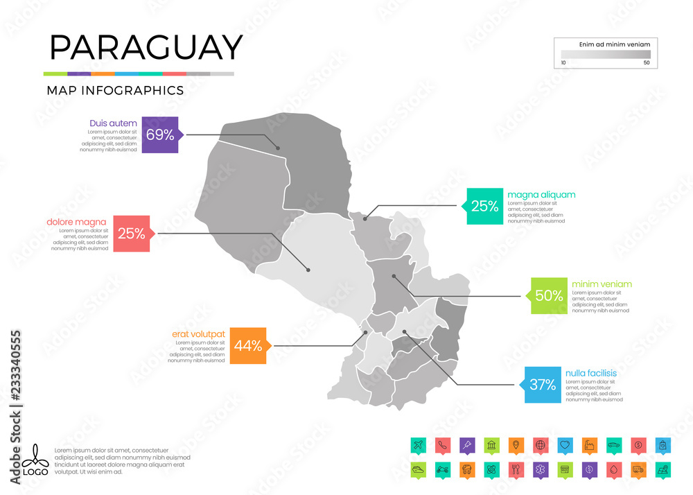 Paraguay map infographics with editable separated layers, zones ...