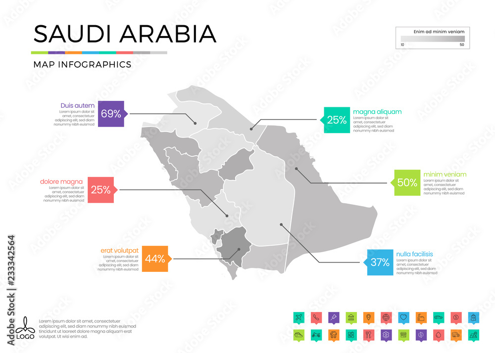 Saudi Arabia map infographics with editable separated layers, zones ...