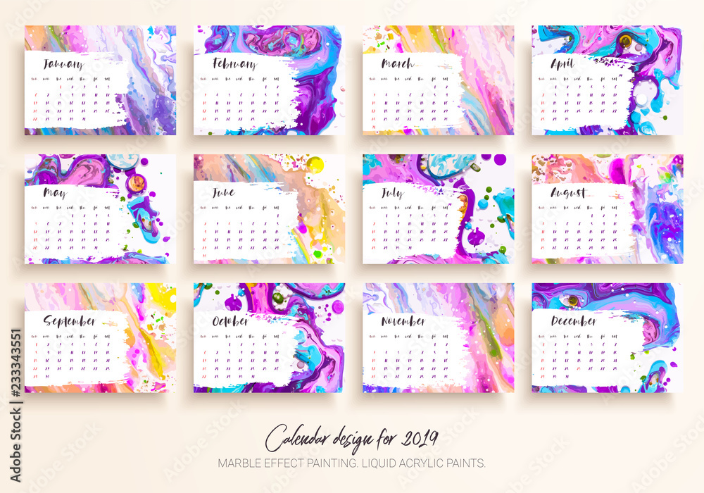 Calendar design for 2019. Set of 12 calendar pages vector design print ...