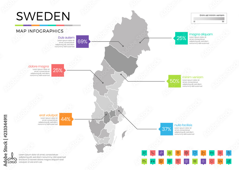 Sweden map infographics with editable separated layers, zones, elements ...