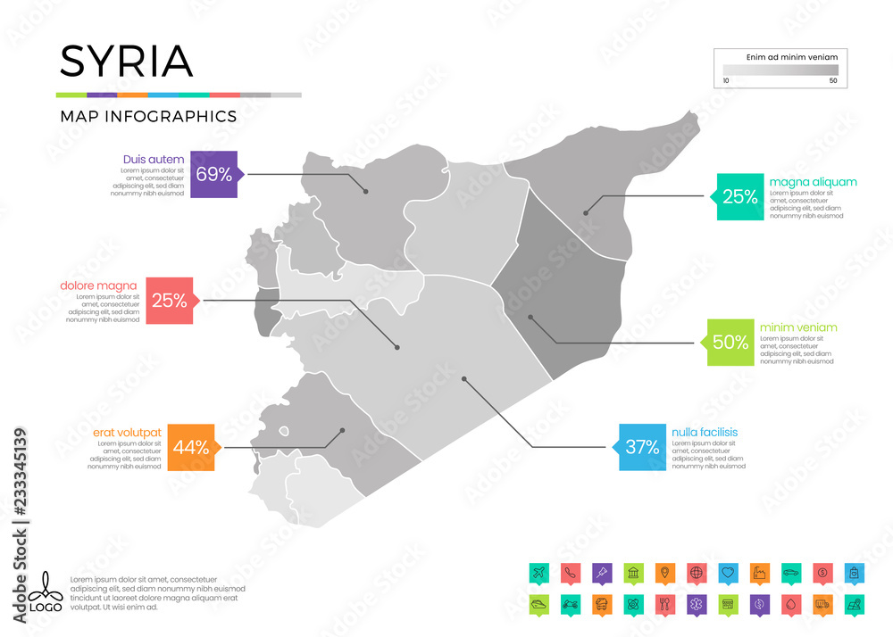 Syria map infographics with editable separated layers, zones, elements ...