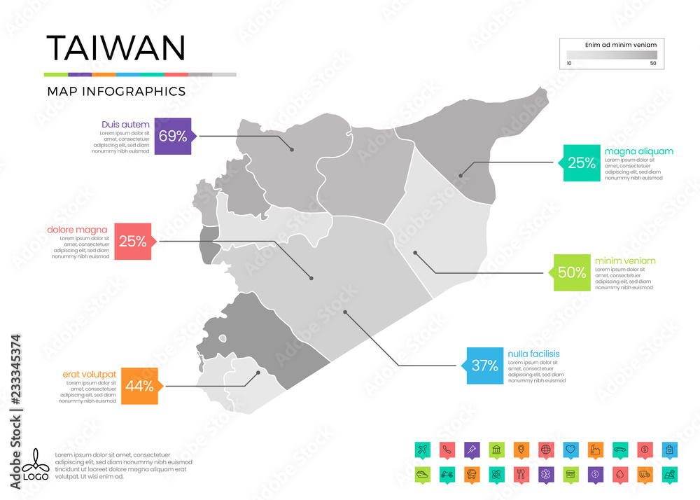 Taiwan map infographics with editable separated layers, zones, elements ...
